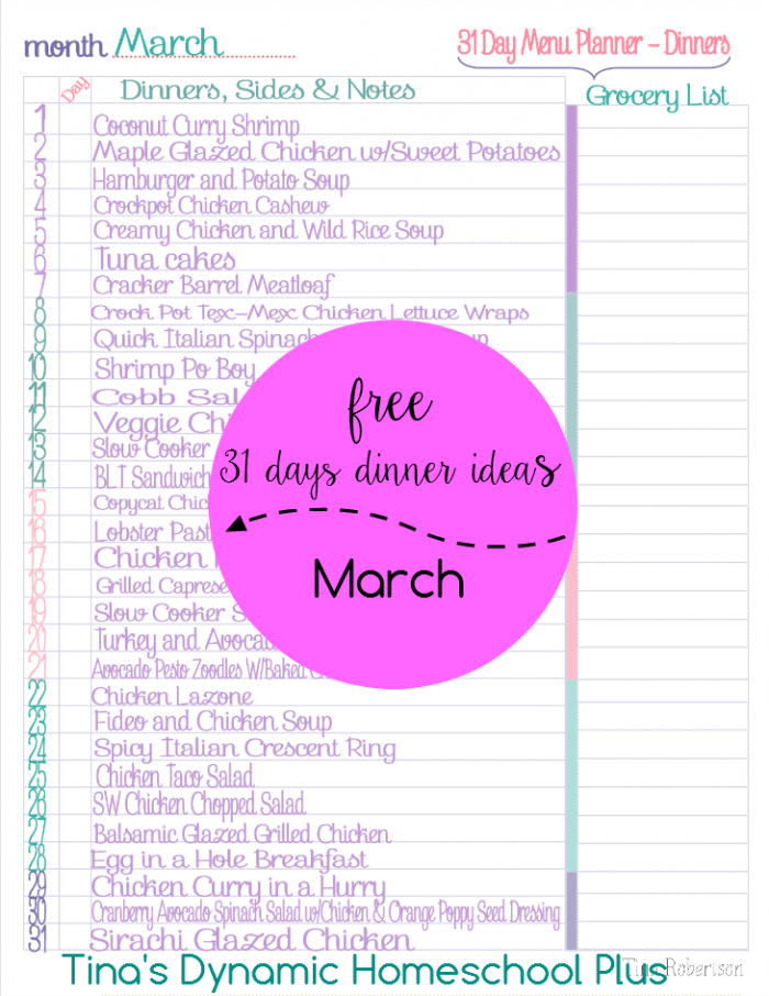 March 31 Days of Dinner Ideas Menu