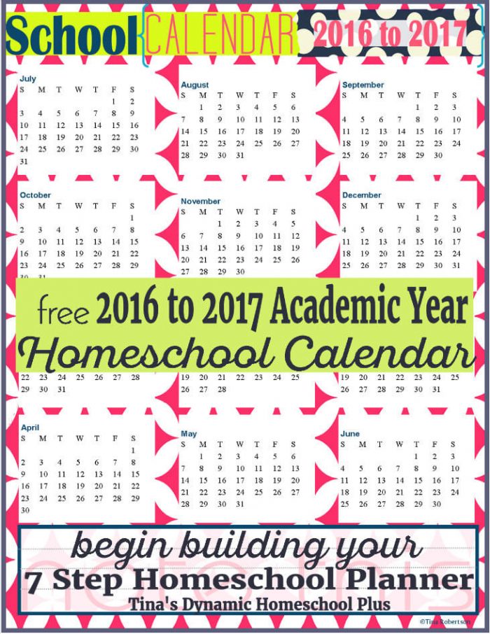 Free Homeschool Academic Year Calendar – 2016 to 2017 – Cherry Fizz Color