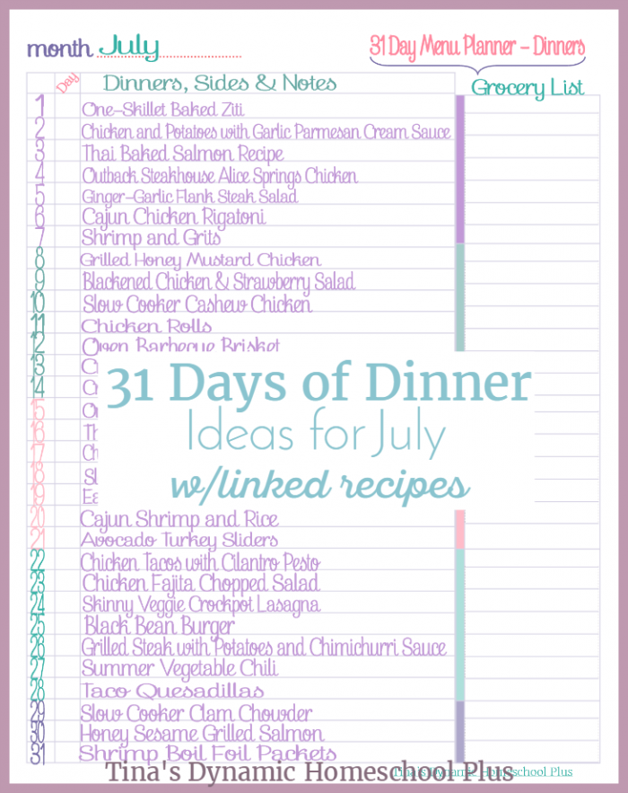 31 Days of Dinner Ideas for July. Rock Your Homeschool.
