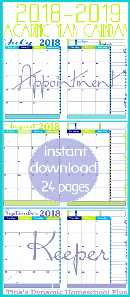 2018-2019 Academic Calendar – 2 Pages Per Month (Tide Pool)