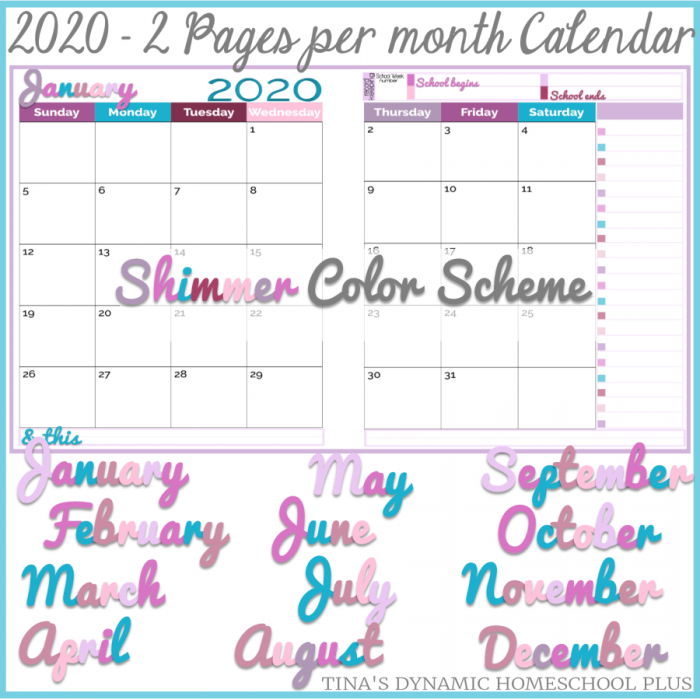 2020 Physical Year Calendar – 2 Pages Per Month (Shimmer Color Scheme)