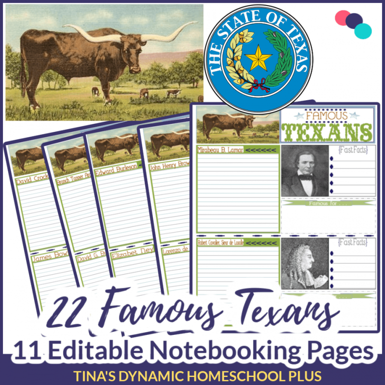 22 Famous Texans Notebooking Pages (editable) For a Fun History Study