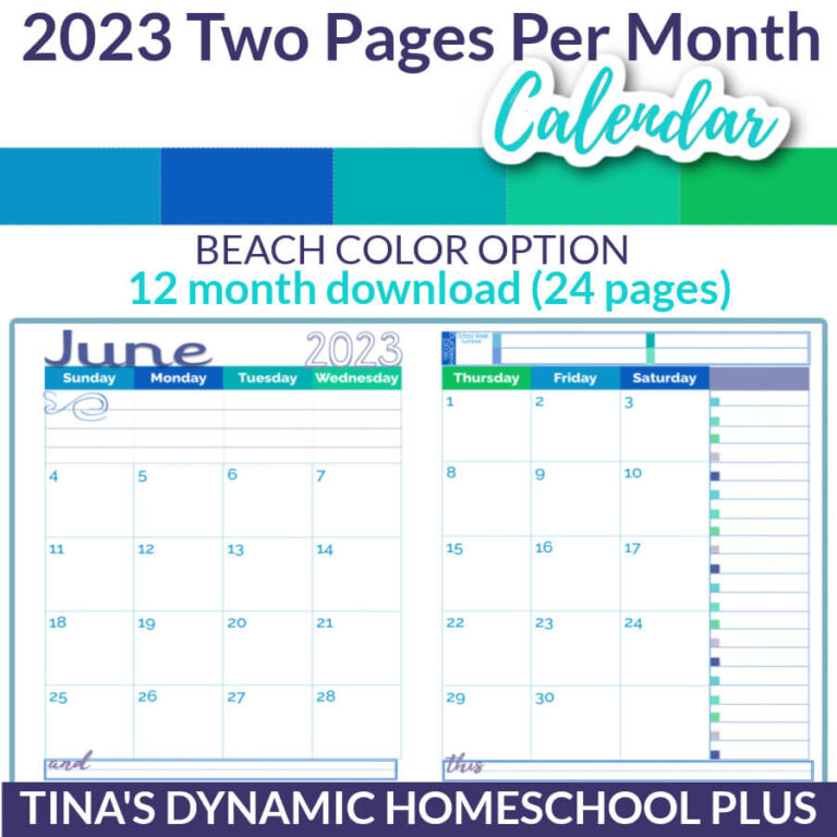 Beautiful and Colorful 2023 Two Page Monthly Calendar