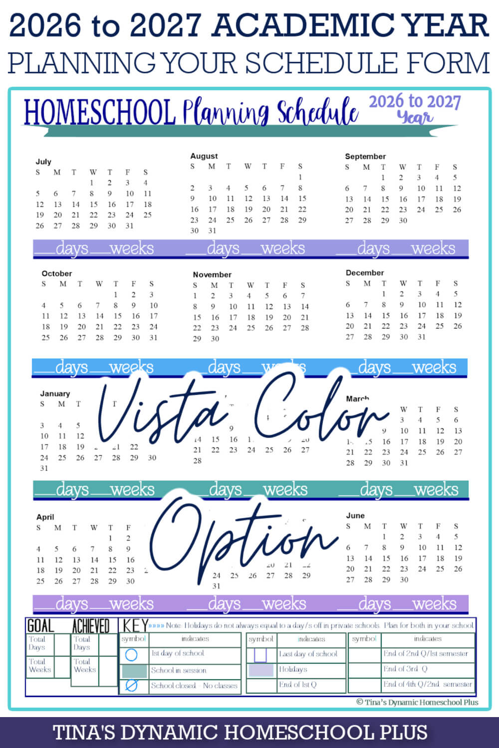School Year 2026-2027 Yearly Homeschool Schedule Free Form