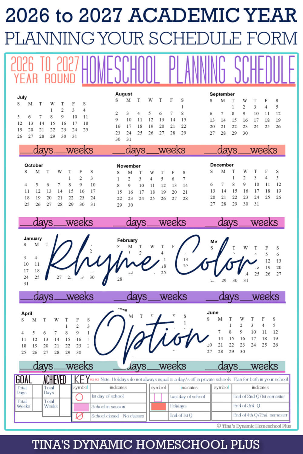 School Year 2026-2027 Yearly Homeschool Schedule Free Form