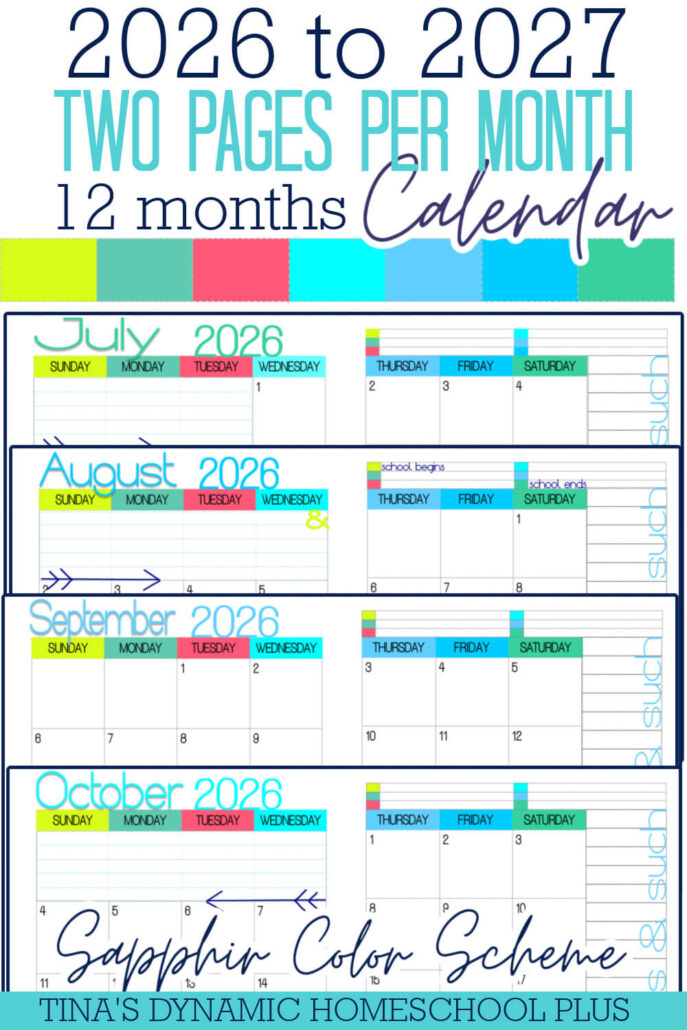 2026-2027 Two Pages Per Month Calendar – Sapphir Color