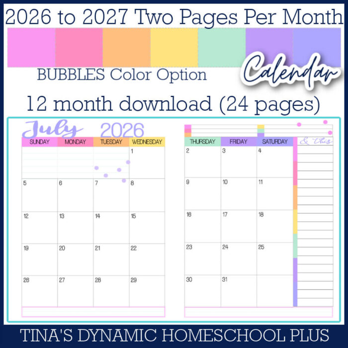 2026-2027 Two Pages Per Month Calendar – Bubbles Color