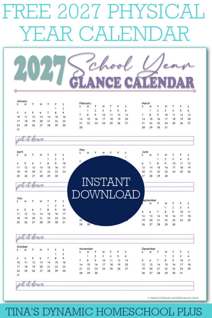 Free Beautiful 2027 Homeschool Year Calendar