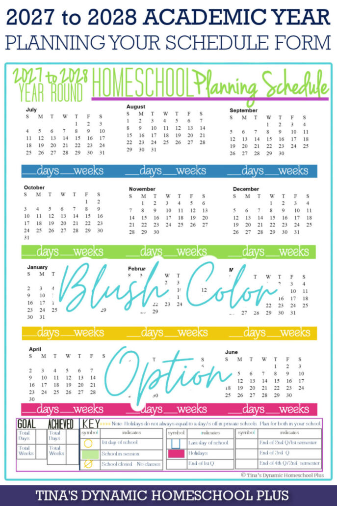 2027 To 2028 Free Homeschool Year Round Schedule Planning Calendars