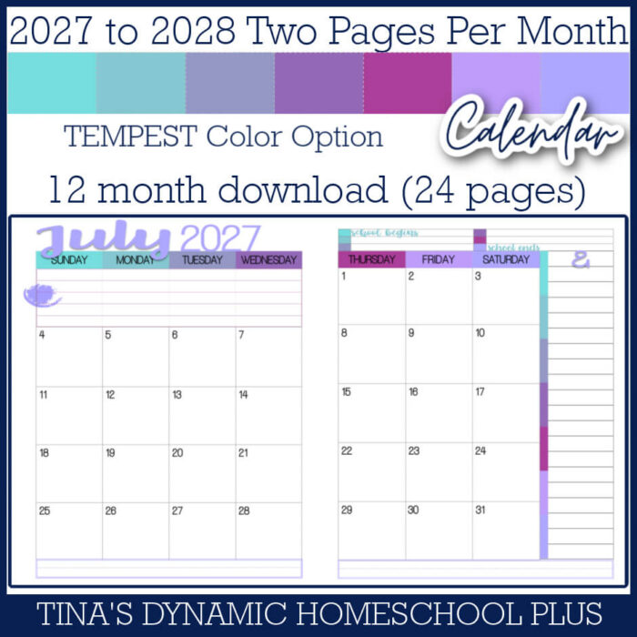 2027-2028 Two Pages Per Month Calendar – Tempest Color