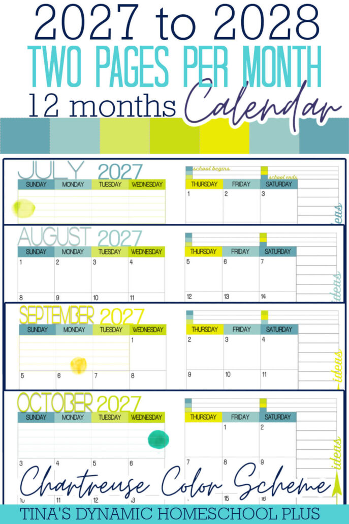 2027-2028 Year Beautiful Two Pages Per Month Printable Monthly Calendar