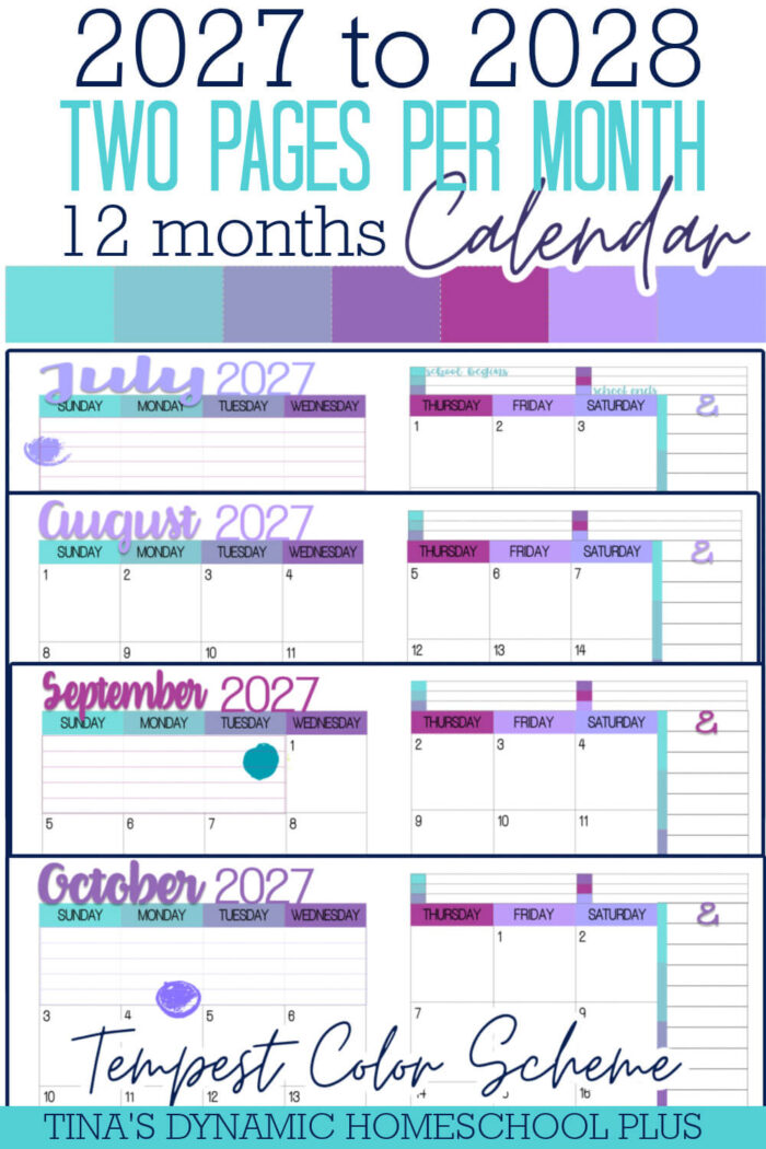 2027-2028 Two Pages Per Month Calendar – Tempest Color