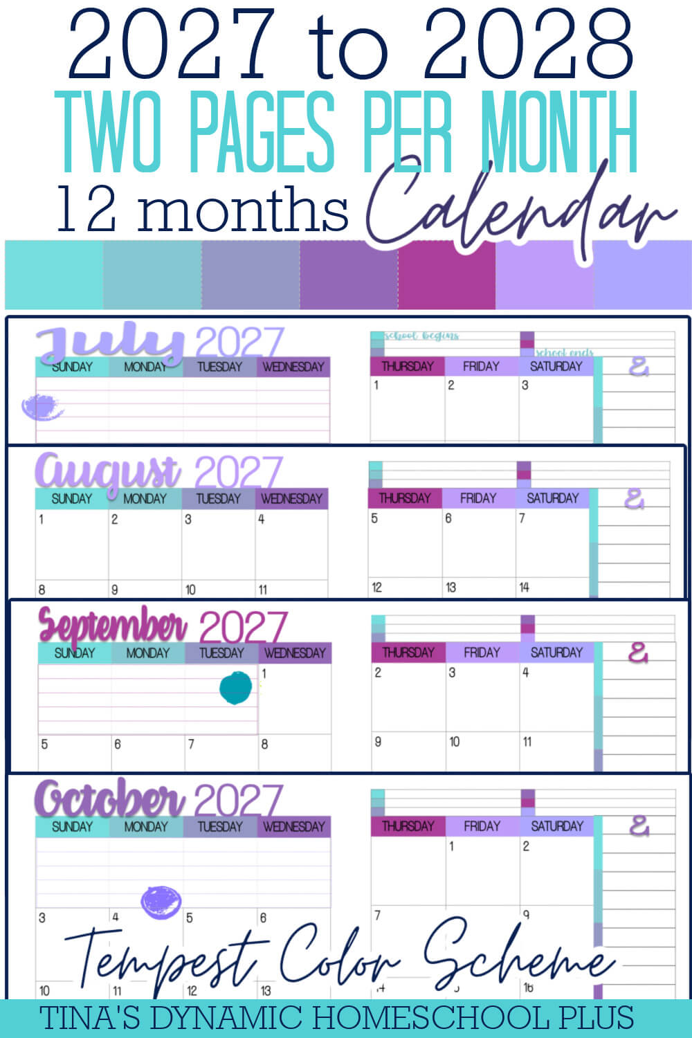 2027-2028 Two Pages Per Month Calendar – Tempest Color